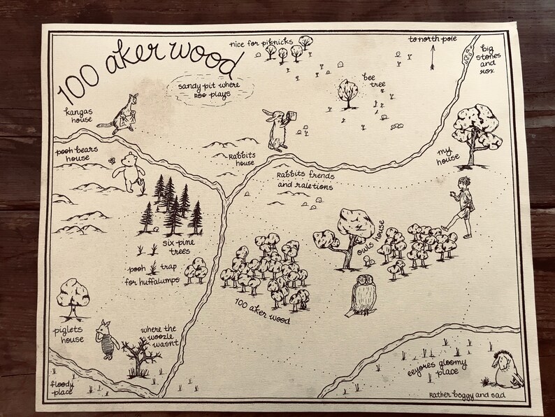 Map of 100 Aker Wood: Aged Handmade Hand Drawn Authentic - Etsy