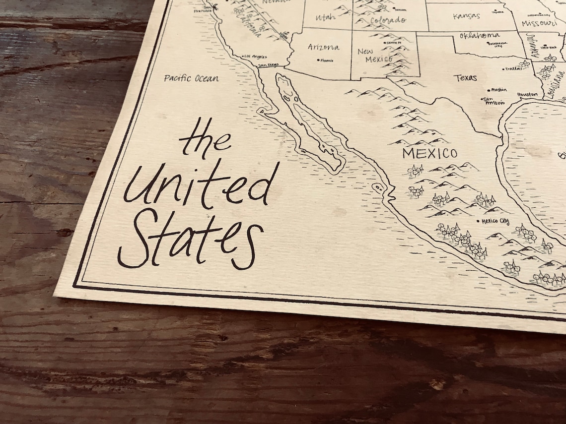 United States Map: Aged Handmade Hand Drawn Authentic Gift - Etsy