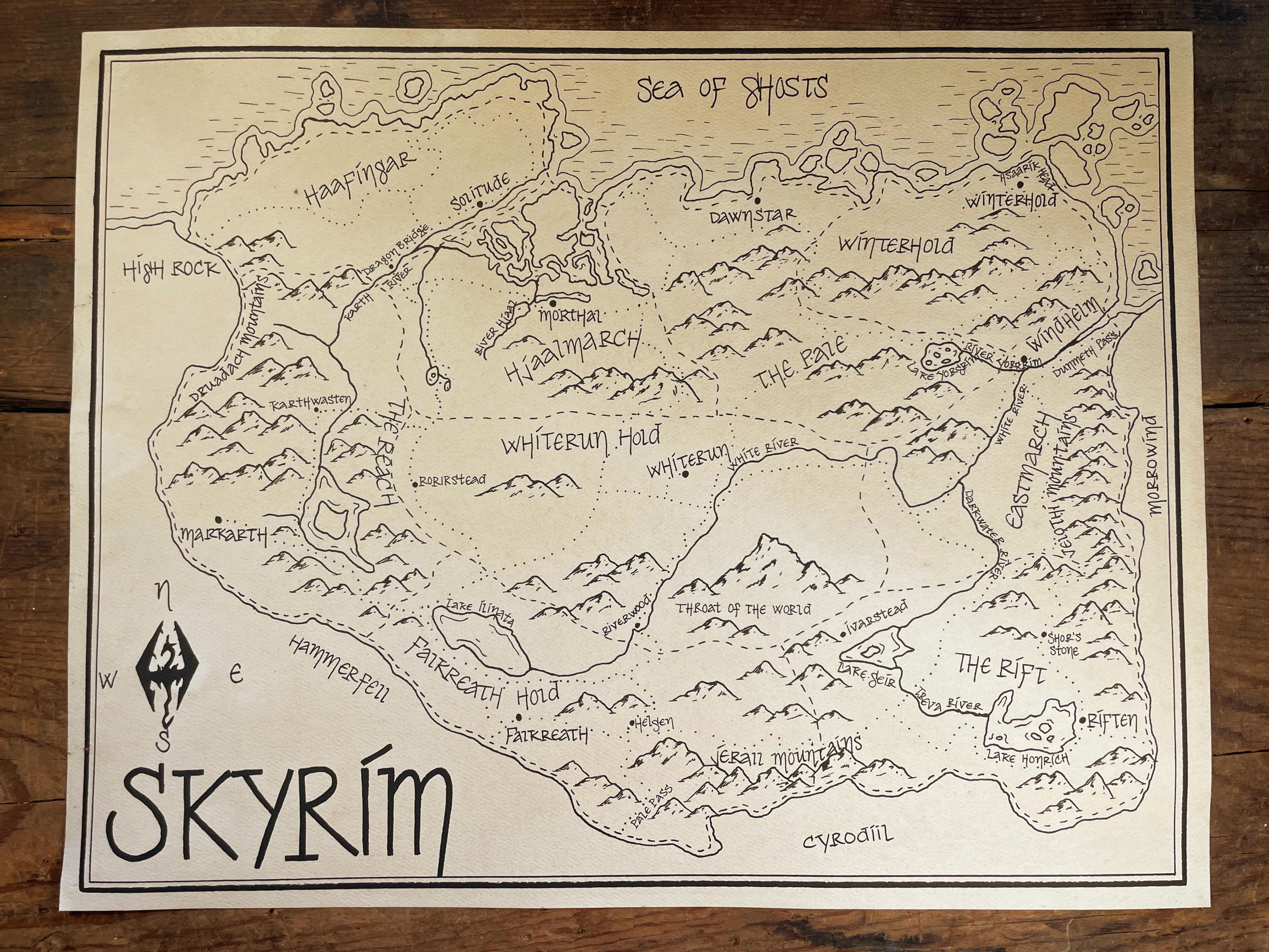 Map of Skyrim: Aged, Handmade, Hand Drawn, Authentic Gift, Fantasy Art ...