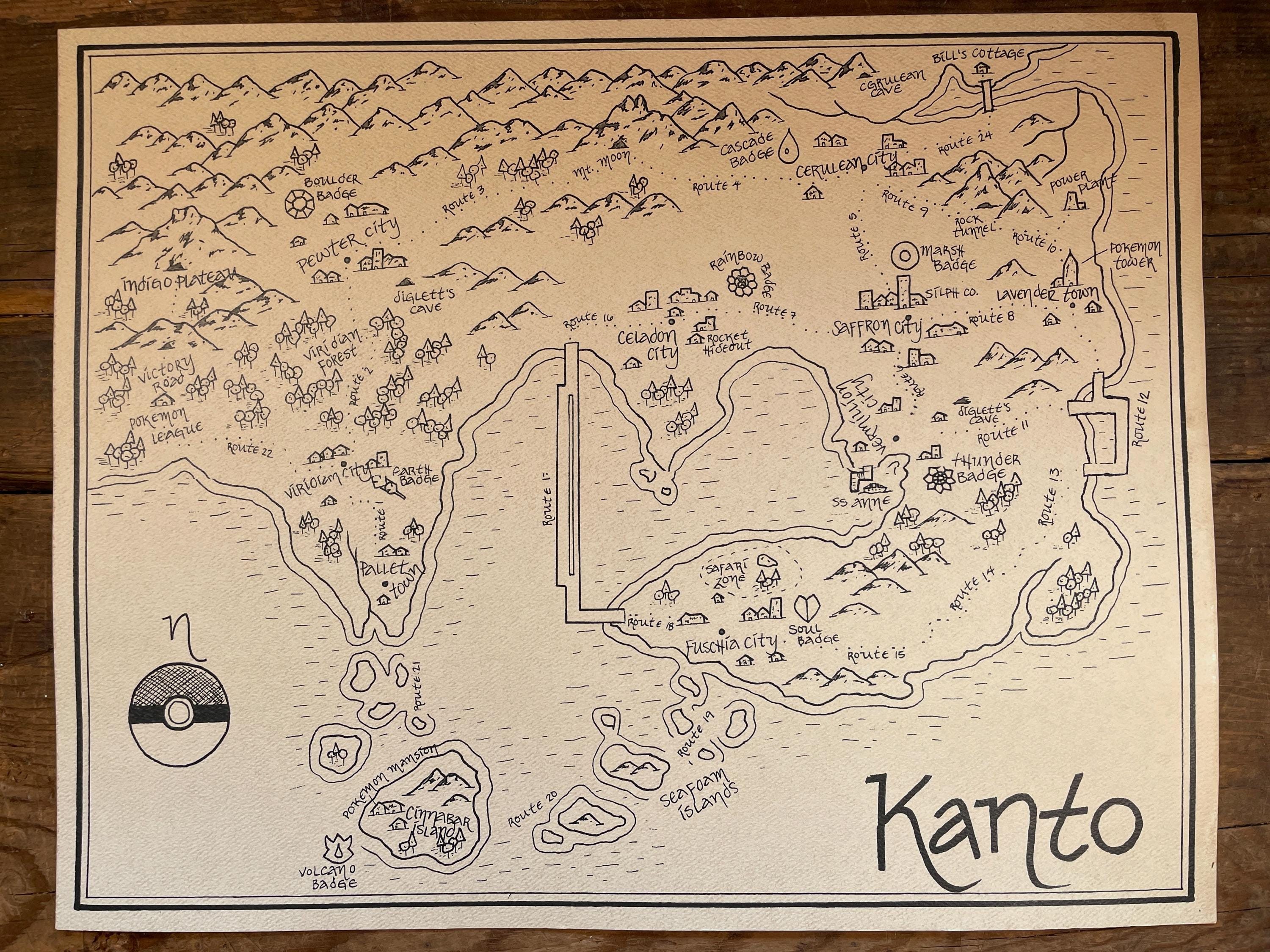 Pokemon Map of Kanto: Aged, Handmade, Hand Drawn, Authentic Gift ...