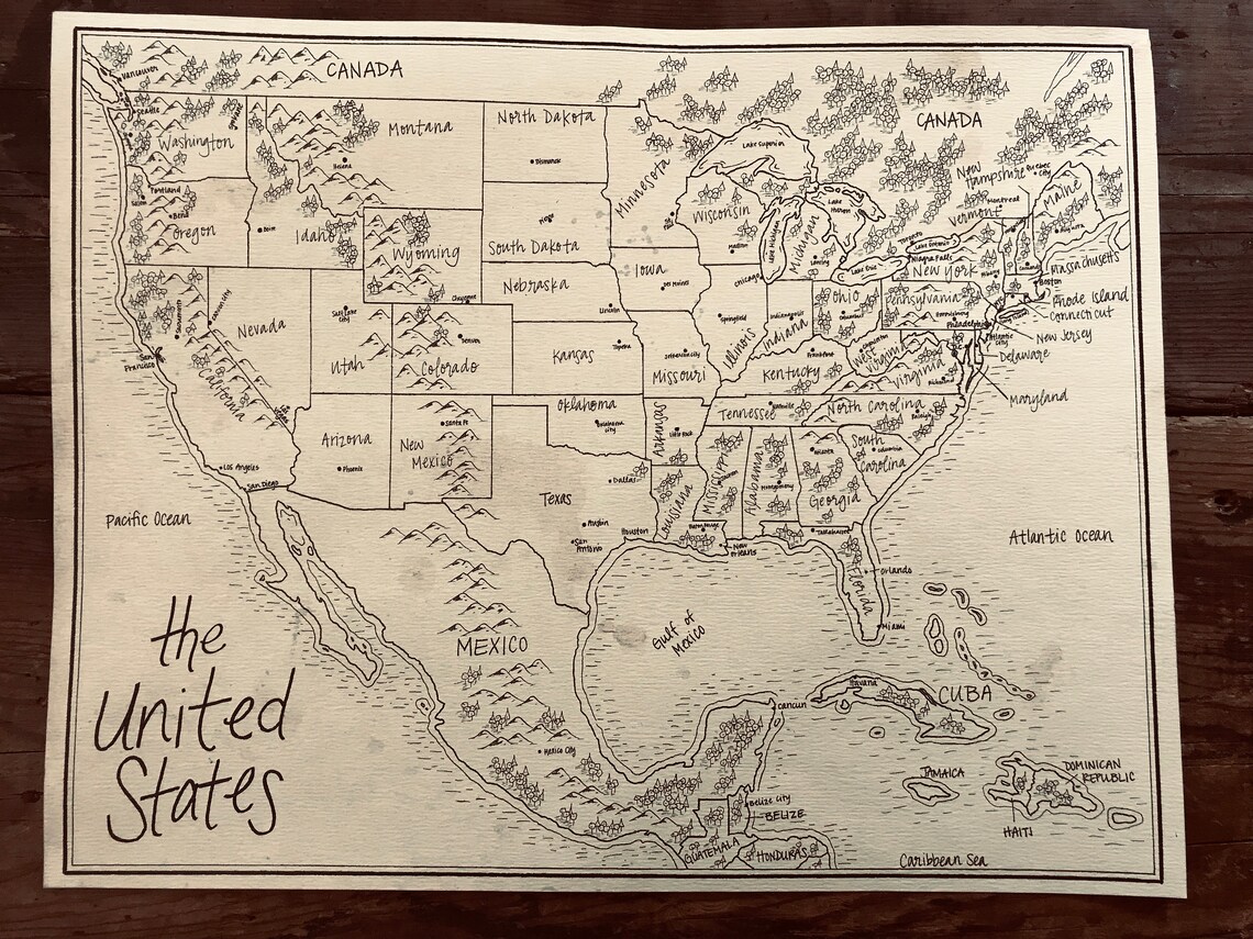 United States Map: Aged Handmade Hand Drawn Authentic Gift - Etsy