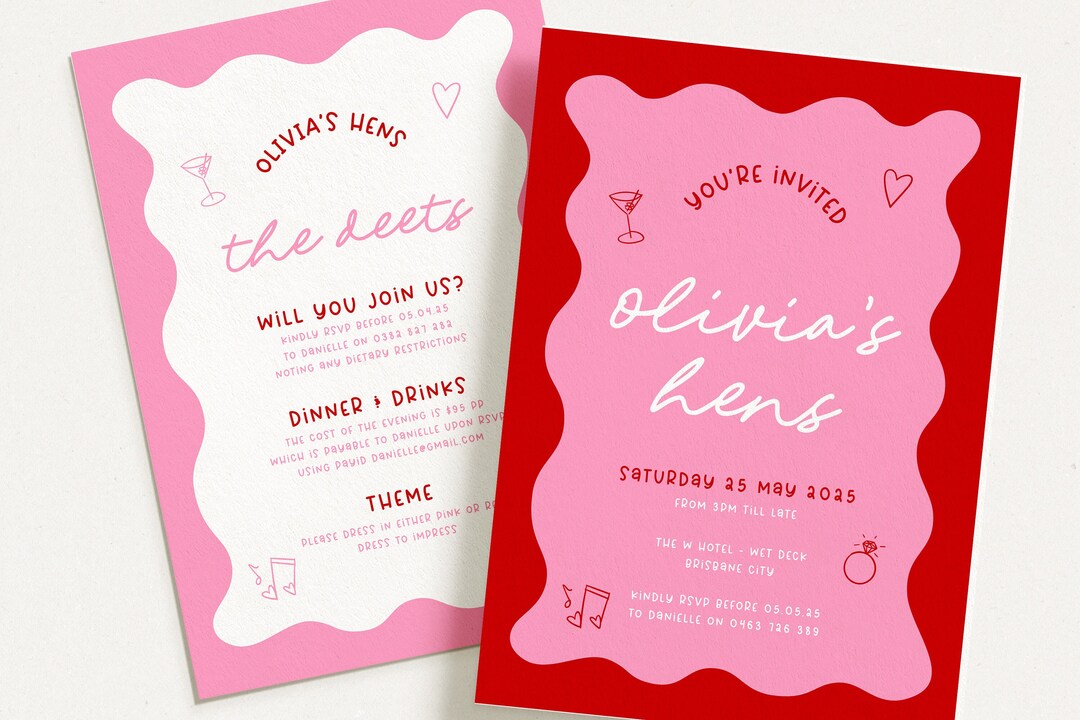 JEMMA Pink Red Hens Party Invitation Template Download, Editable ...