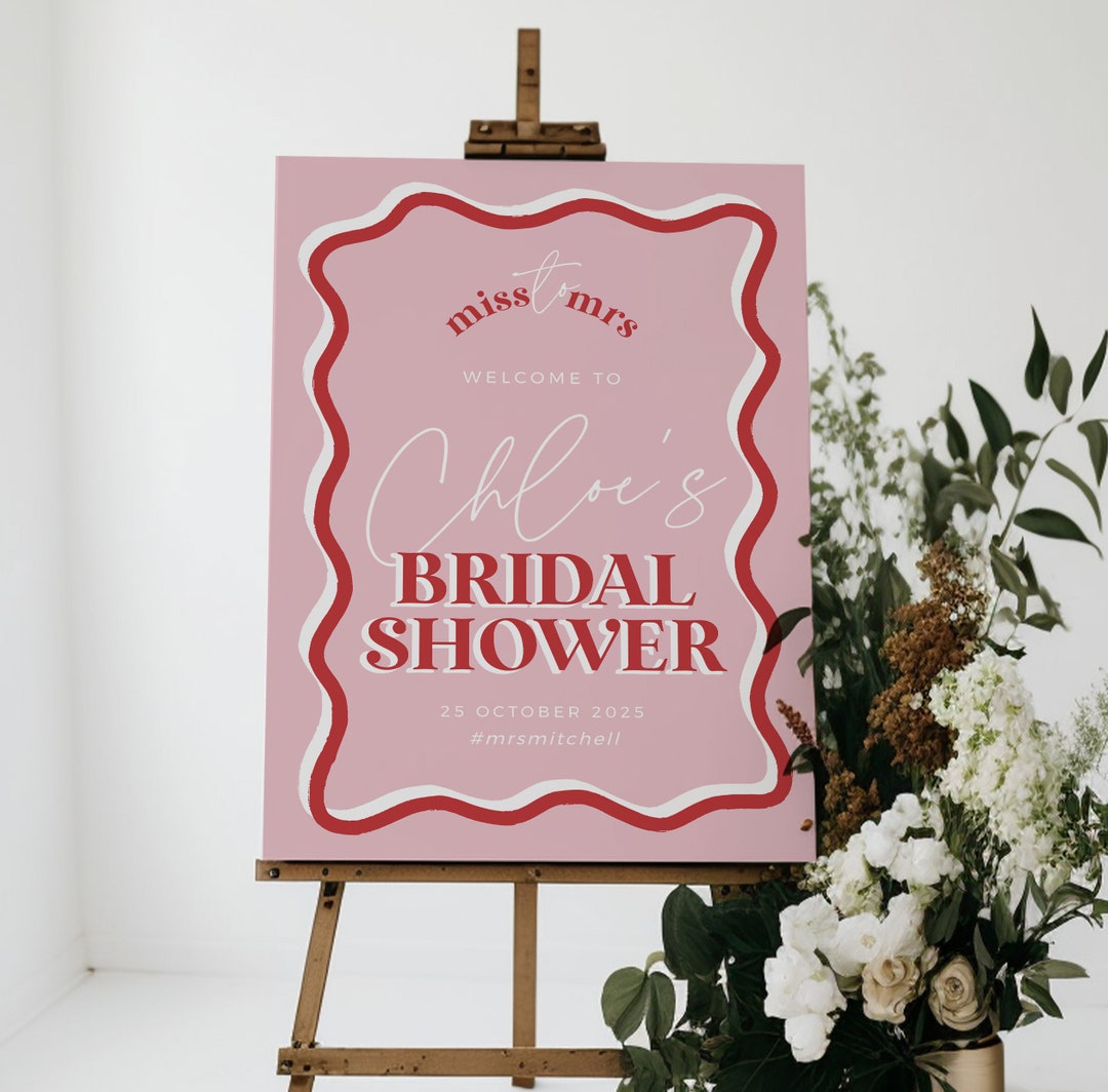HITCHED Pink Red Bridal Shower Welcome Sign Template, Blush Pink ...