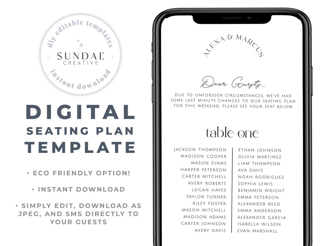 DAZZLE Digital SMS Wedding Seating Chart Template, Download Minimalist ...