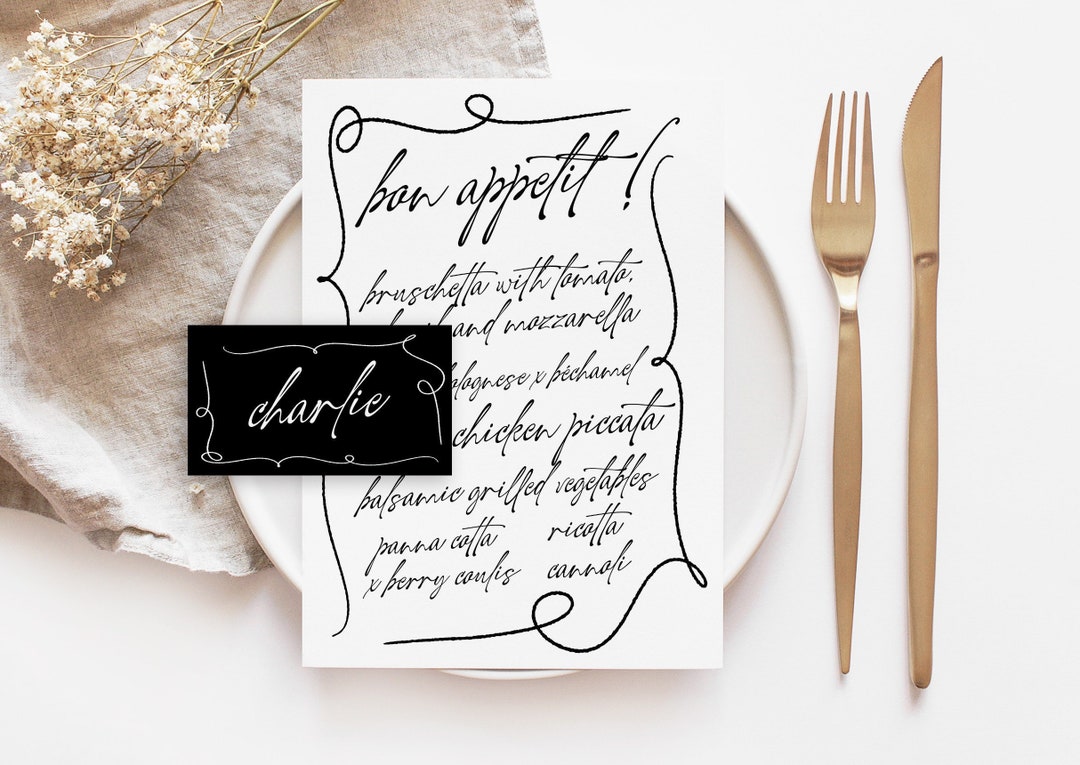 AYLA Script Wedding Menu Placecard Template Download, Hand Drawn Drinks ...