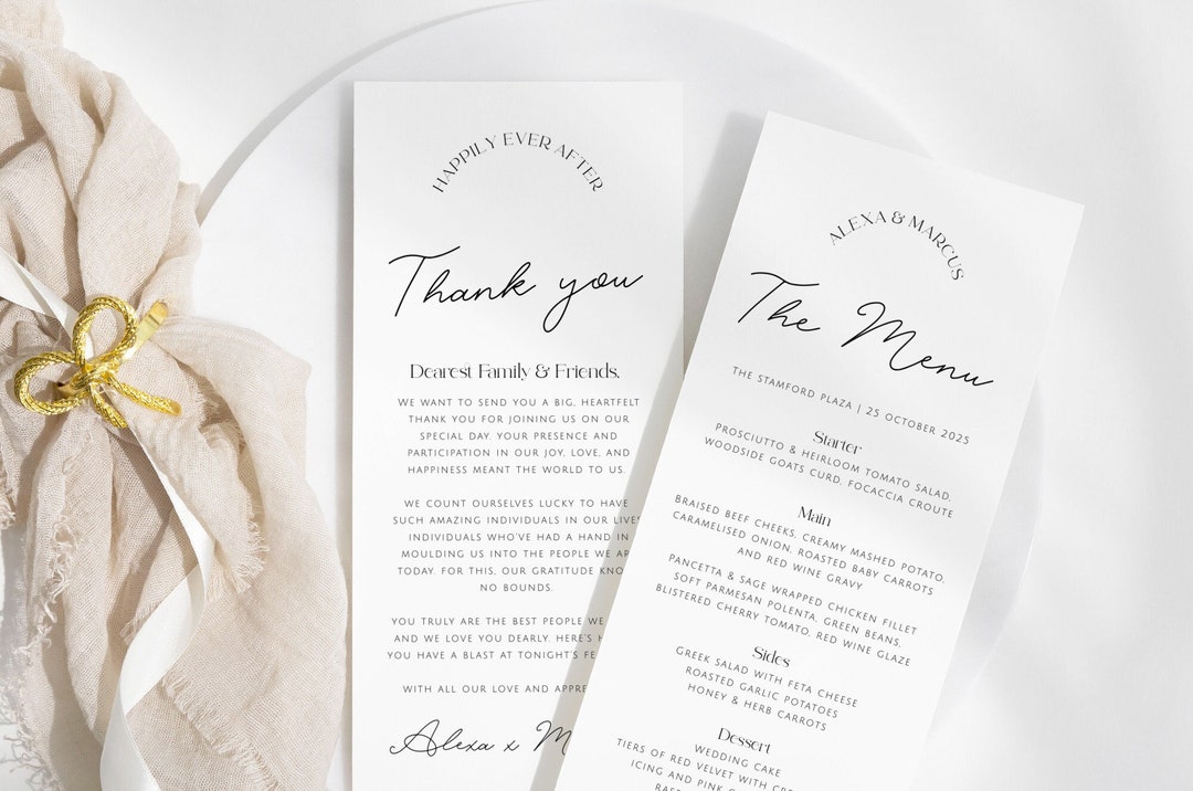DAZZLE Modern Thank You Letter Menu Template, Wedding Napkin Note ...