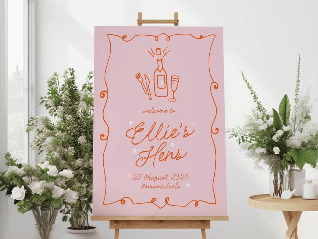 GEORGIE Modern Pink Hens Night Welcome Sign Template, Icon Illustration ...