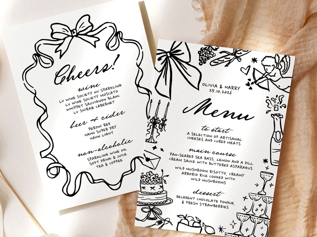 MURPHY Whimsical Wedding Menu Template, Hand Drawn Line Illustrated ...