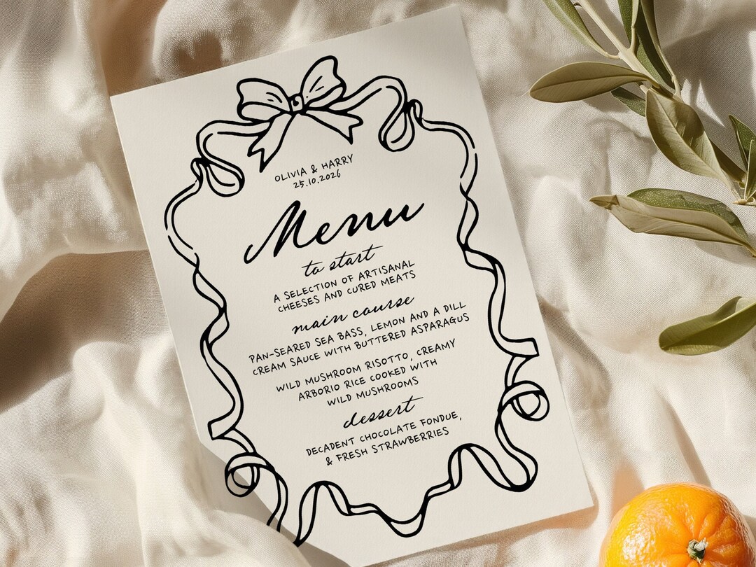 MURPHY Bow Border Wedding Menu Template, Editable Hand Drawn Scribble ...