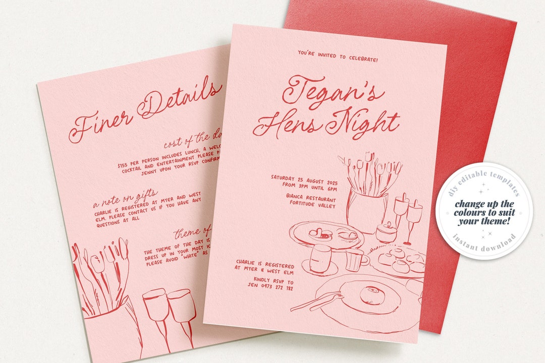 MACIE Pink Red Hens Party Invitation Template, Hens Weekend Invite ...