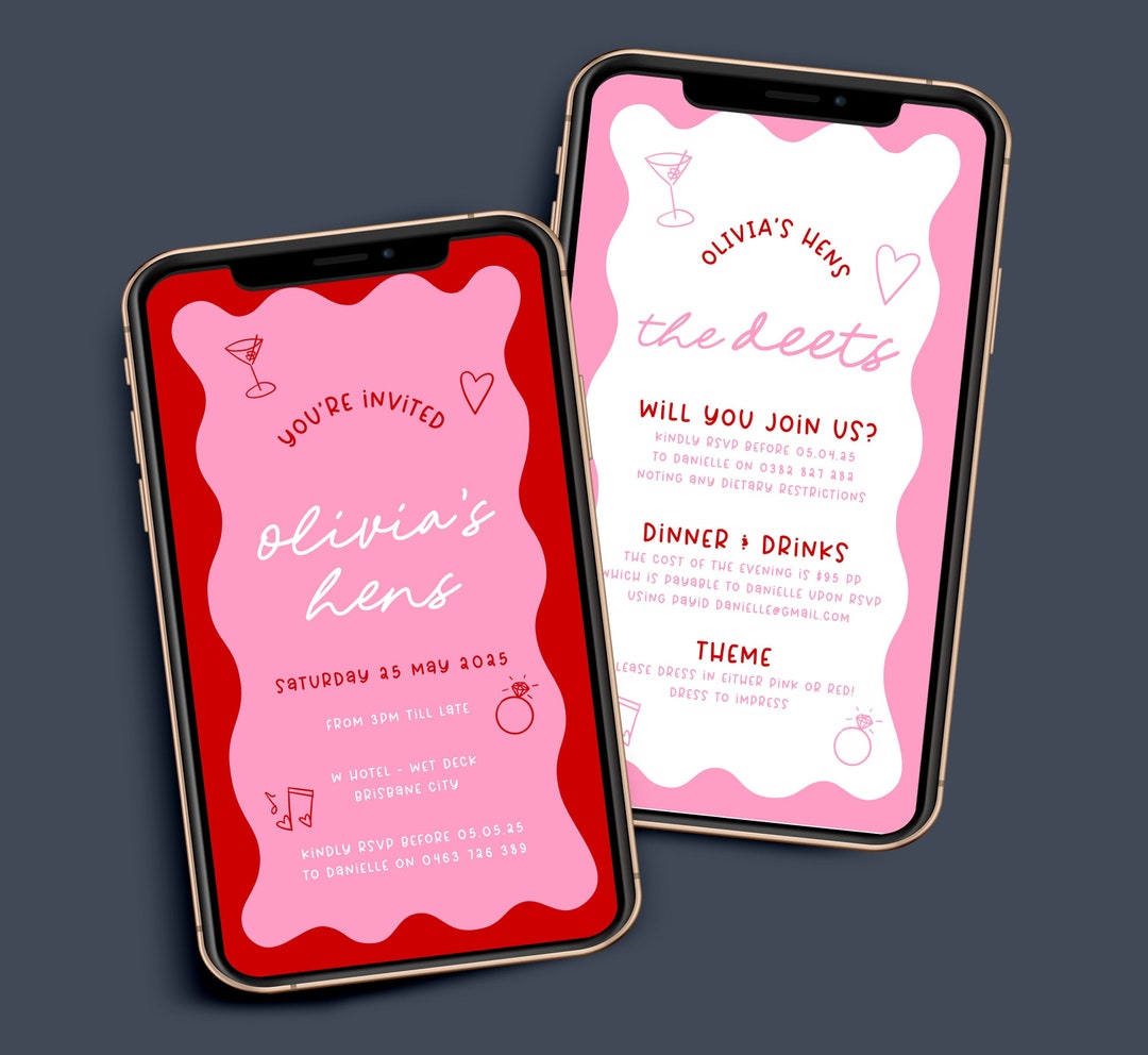 JEMMA Pink Red Digital Hens Party Invitation Template Download ...