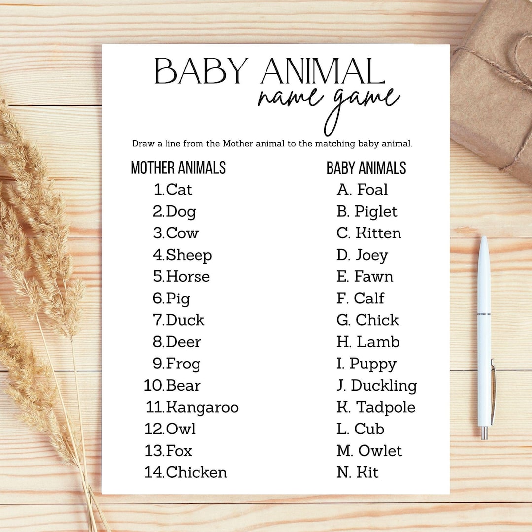 Printable Baby Animal Name Game, Fun Animal Baby Shower Game, Simple ...
