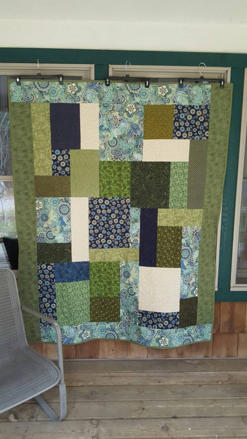 Large Lap Throw Quilt, 58x73 in a Block Pattern of Green, Blue and ...