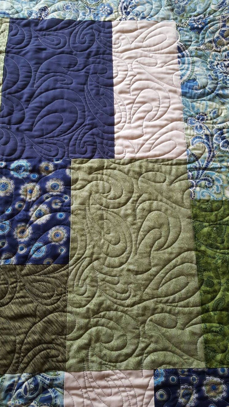 Large Lap Throw Quilt, 58x73 in a Block Pattern of Green, Blue and ...
