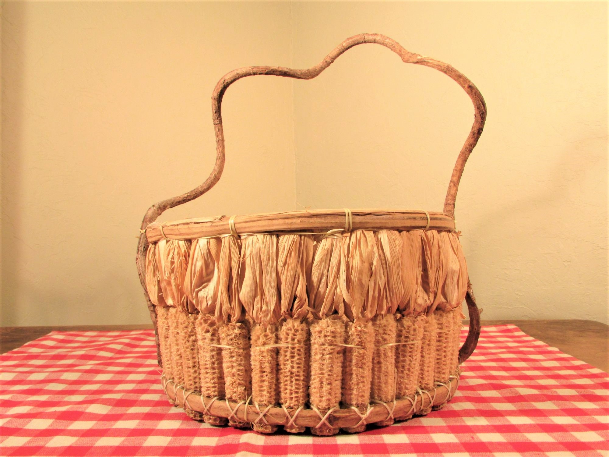 Corn Cob Basket Vintage Hand Woven Basket With Curly Handle - Etsy
