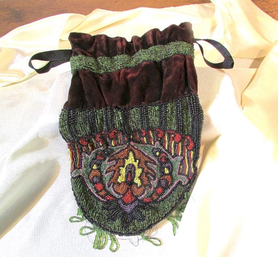 Antique Beaded Drawstring Purse, Vintage Microbead Wr… - Gem