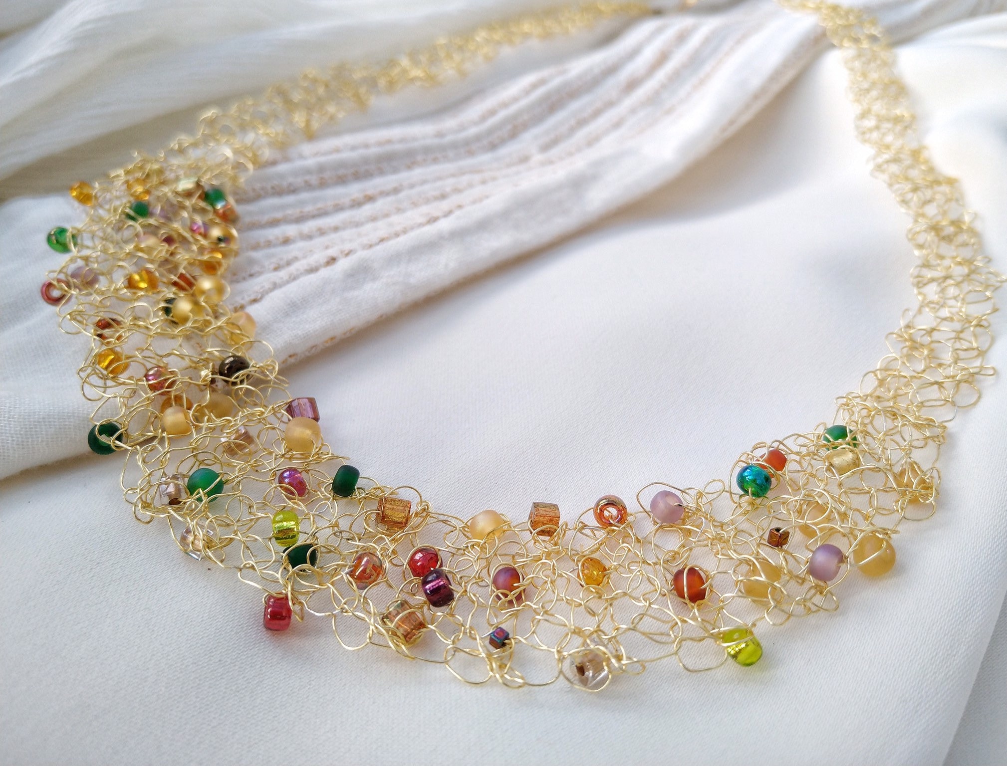 Gold Wire Crochet Necklace, Statement Necklace, Beaded Gold Wire ...