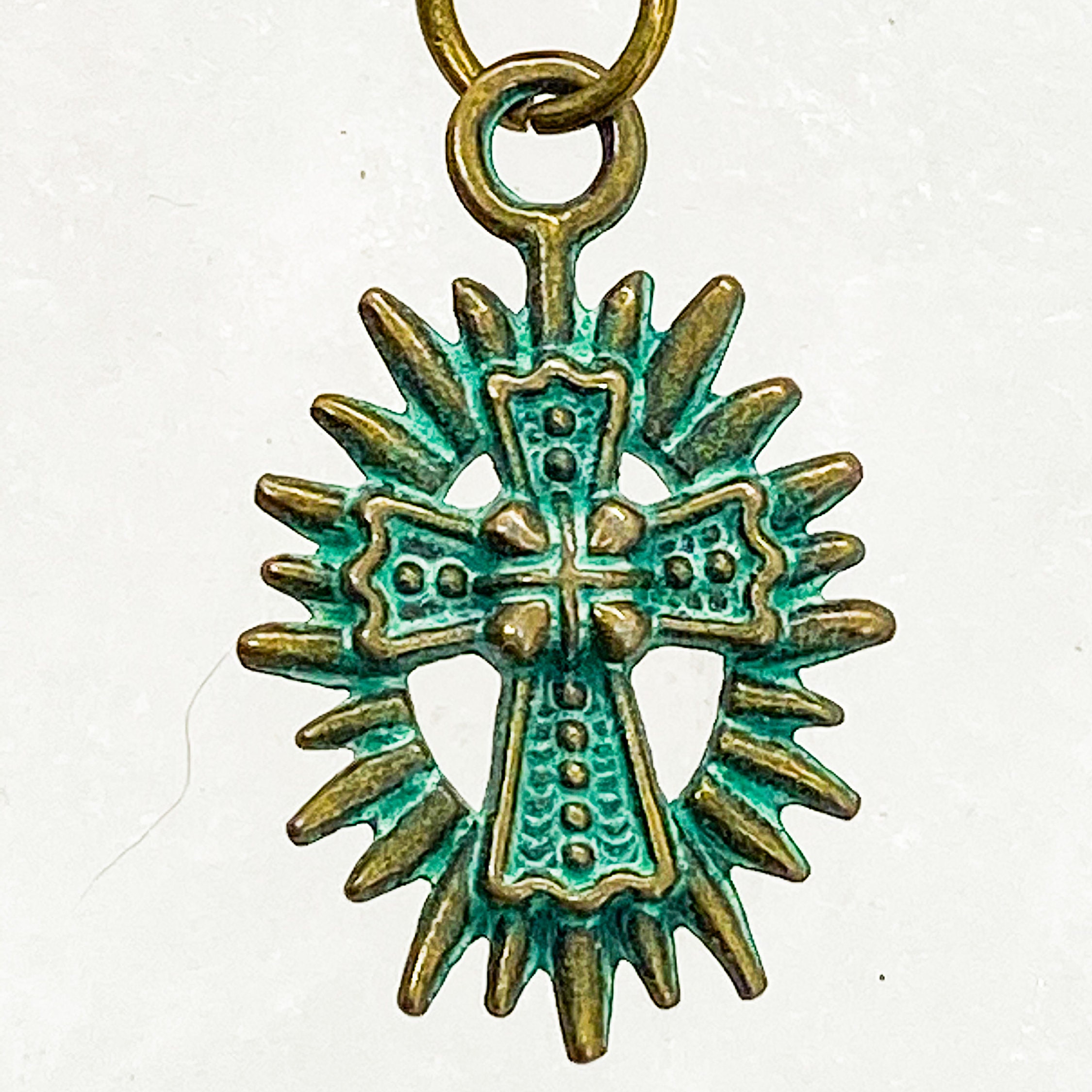 Verdigris Sunburst Cross Pendant on Bronze Cable Chain Cross | Etsy