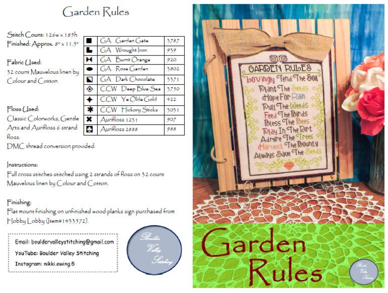 Garden Rules Cross Stitch Pattern by Boulder Valley Stitching - Digital ...