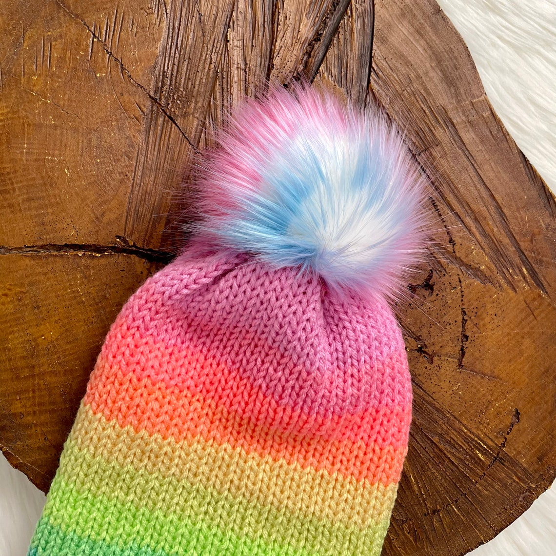 Tik Tok Beanie - Knit Hat - Faux Fur Pom Pom - Rainbow Beanie - Knit ...