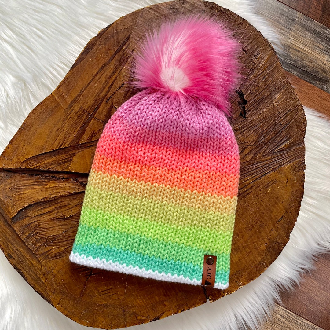 Tik Tok Beanie - Knit Hat - Faux Fur Pom Pom - Rainbow Beanie - Knit ...