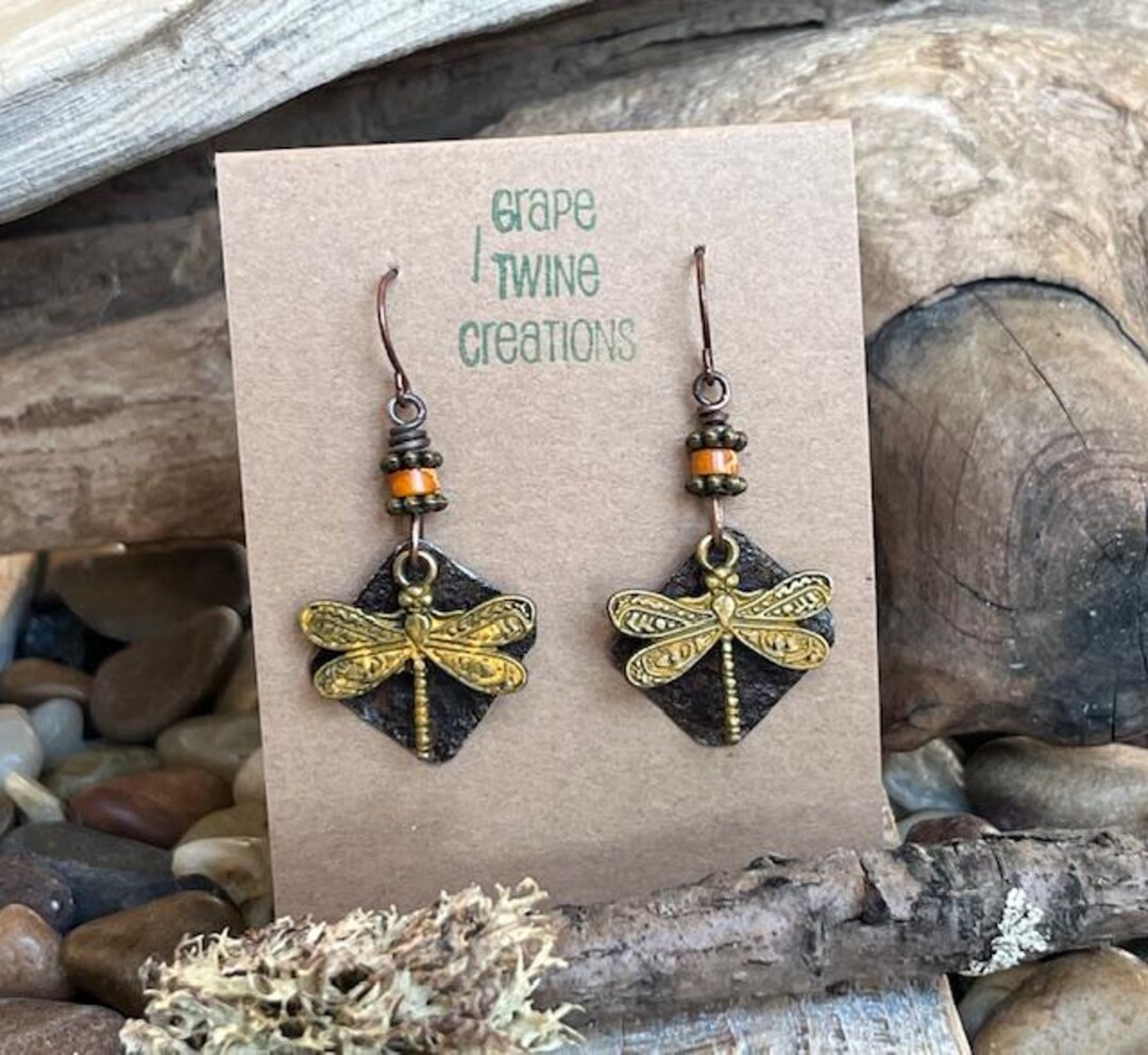 Recycled Mixed Metal Boho Earrings, Dragonfly, Jasper and Brass Accents ...