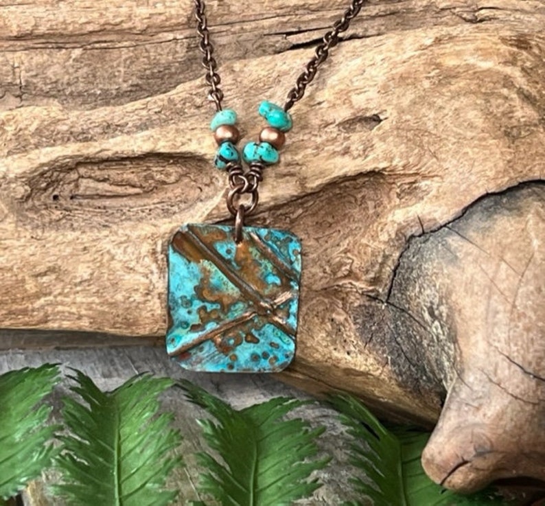 Fold Formed Copper Necklace With Rustic Blue Patina Turquoise - Etsy
