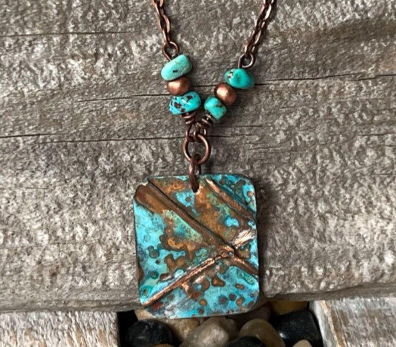 Fold Formed Copper Necklace With Rustic Blue Patina Turquoise - Etsy