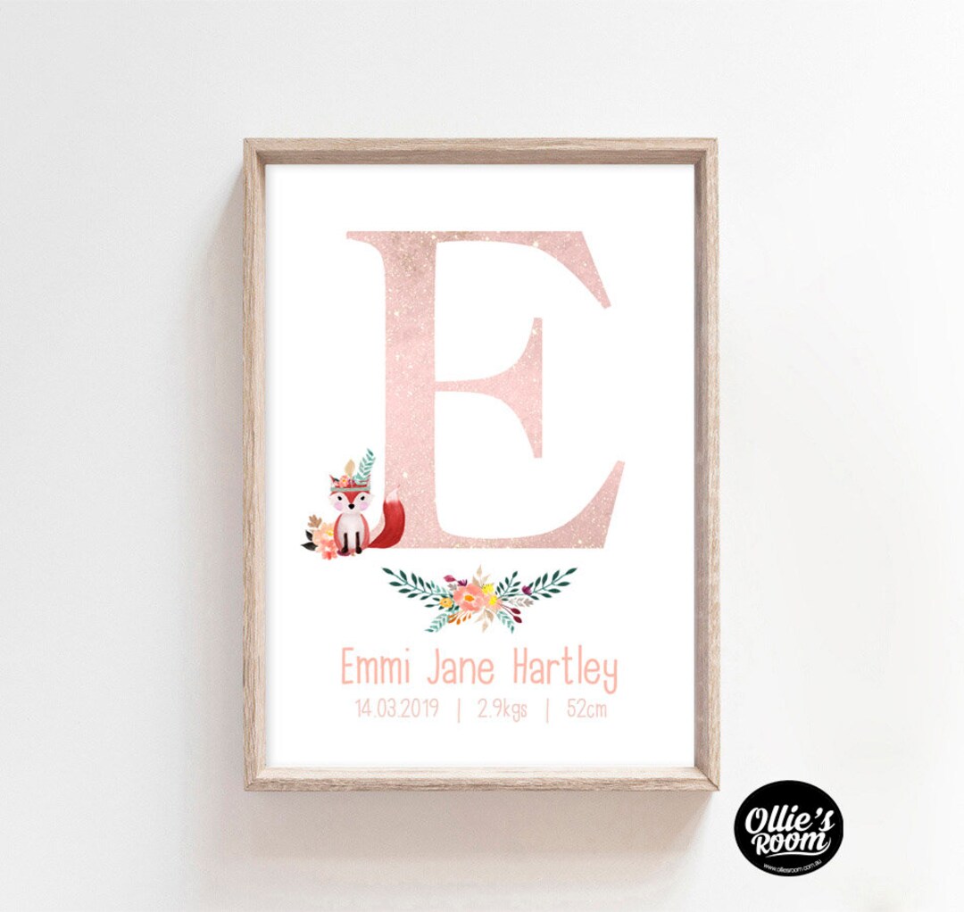 Personalised Letter Birth Print, Watercolour Fox Printable, Girls Birth ...