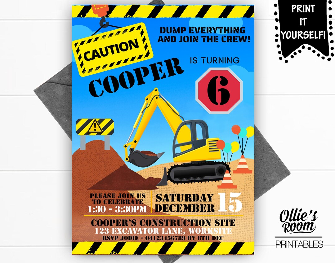 Digital Construction Invitation | Transport Printable | Excavator ...