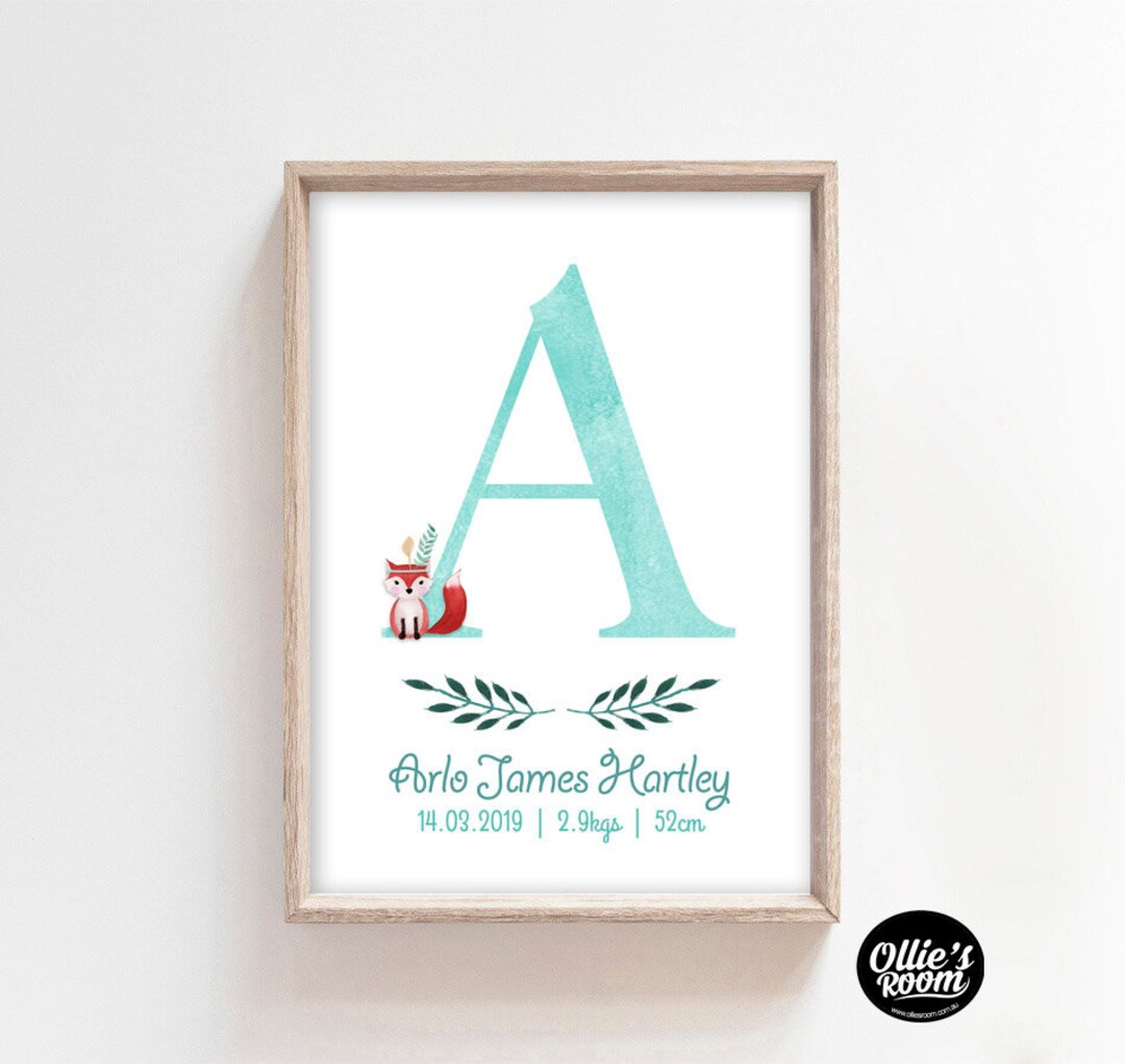 Personalised Letter Birth Print, Watercolour Fox Printable, Boys Birth ...