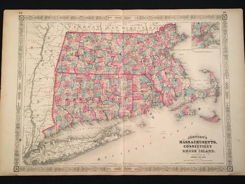 Antique Map of Massachusetts Large Hand Colored Map of - Etsy
