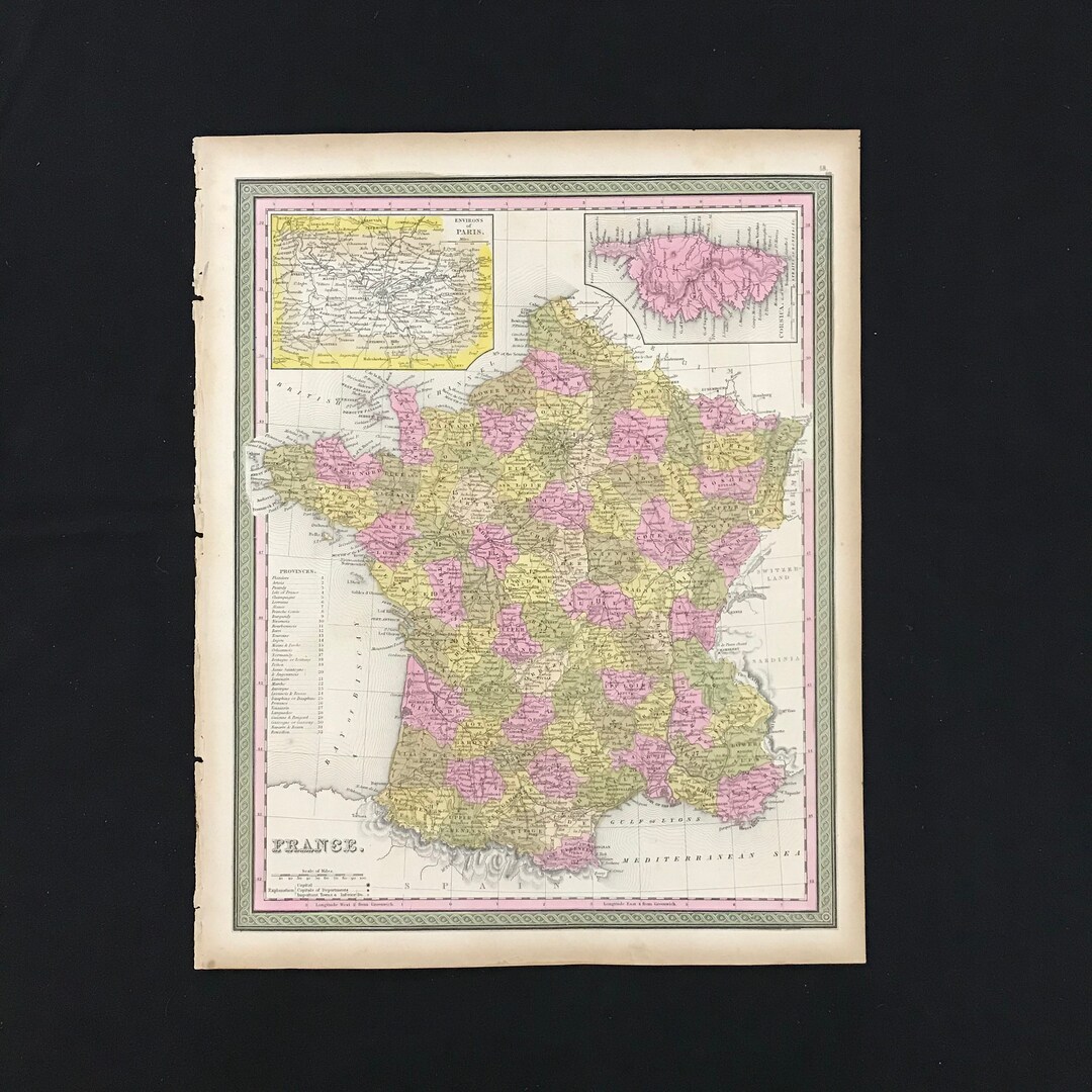 1849 Map of France Original Hand-colored Antique Map for - Etsy