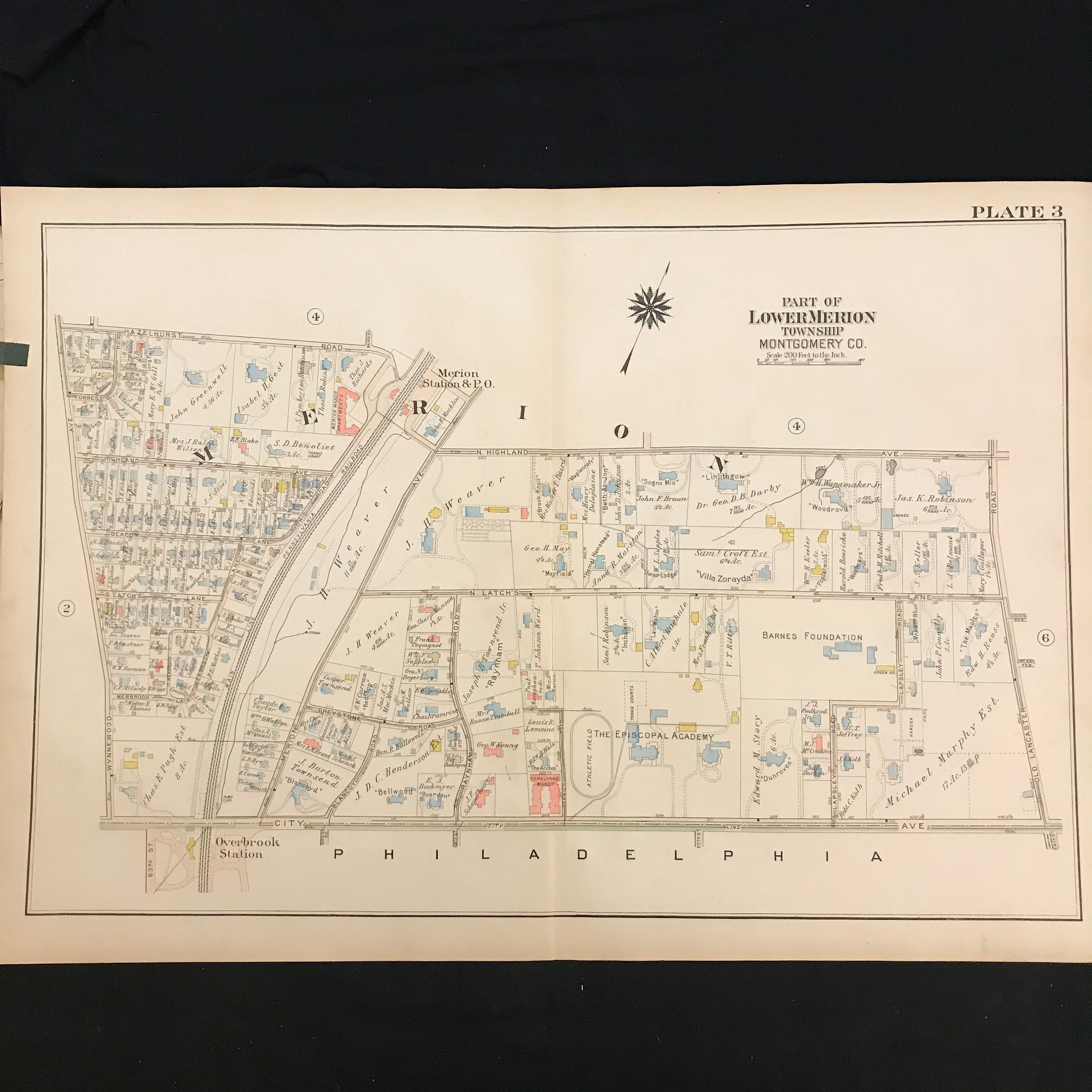 Globes & Maps 1926 Map of Merion and Original Barnes Foundation Rare ...