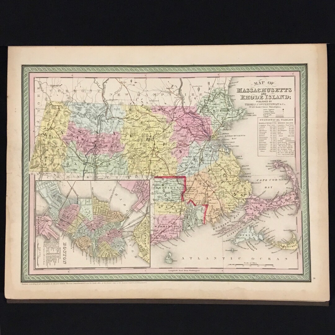 Carte antique de 1852 du Massachusetts et du Rhode Island, carte ...