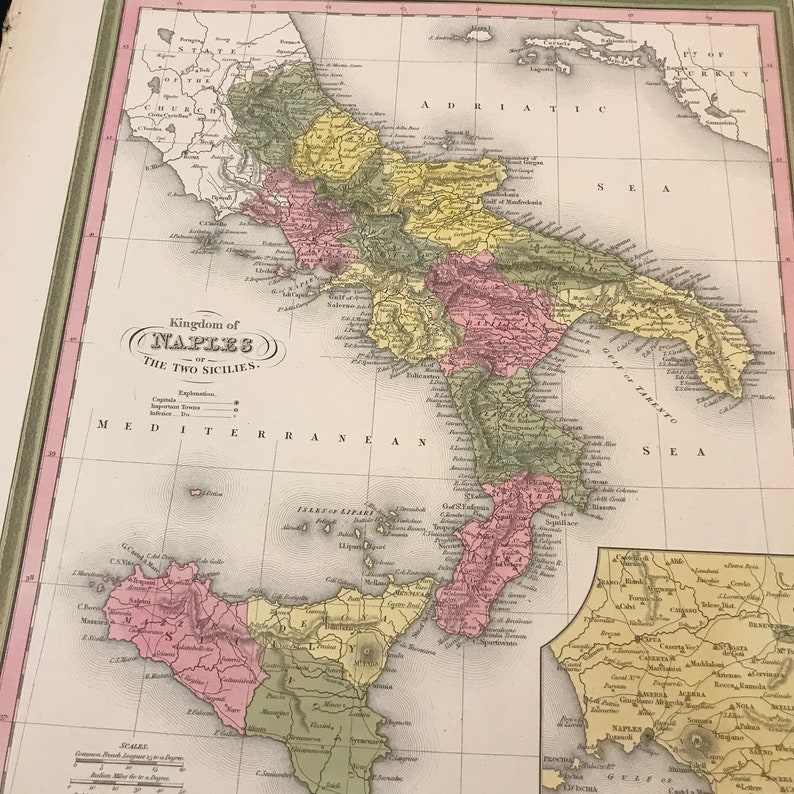 Hand-colored Map of Southern Italy Original Antique Map of | Etsy