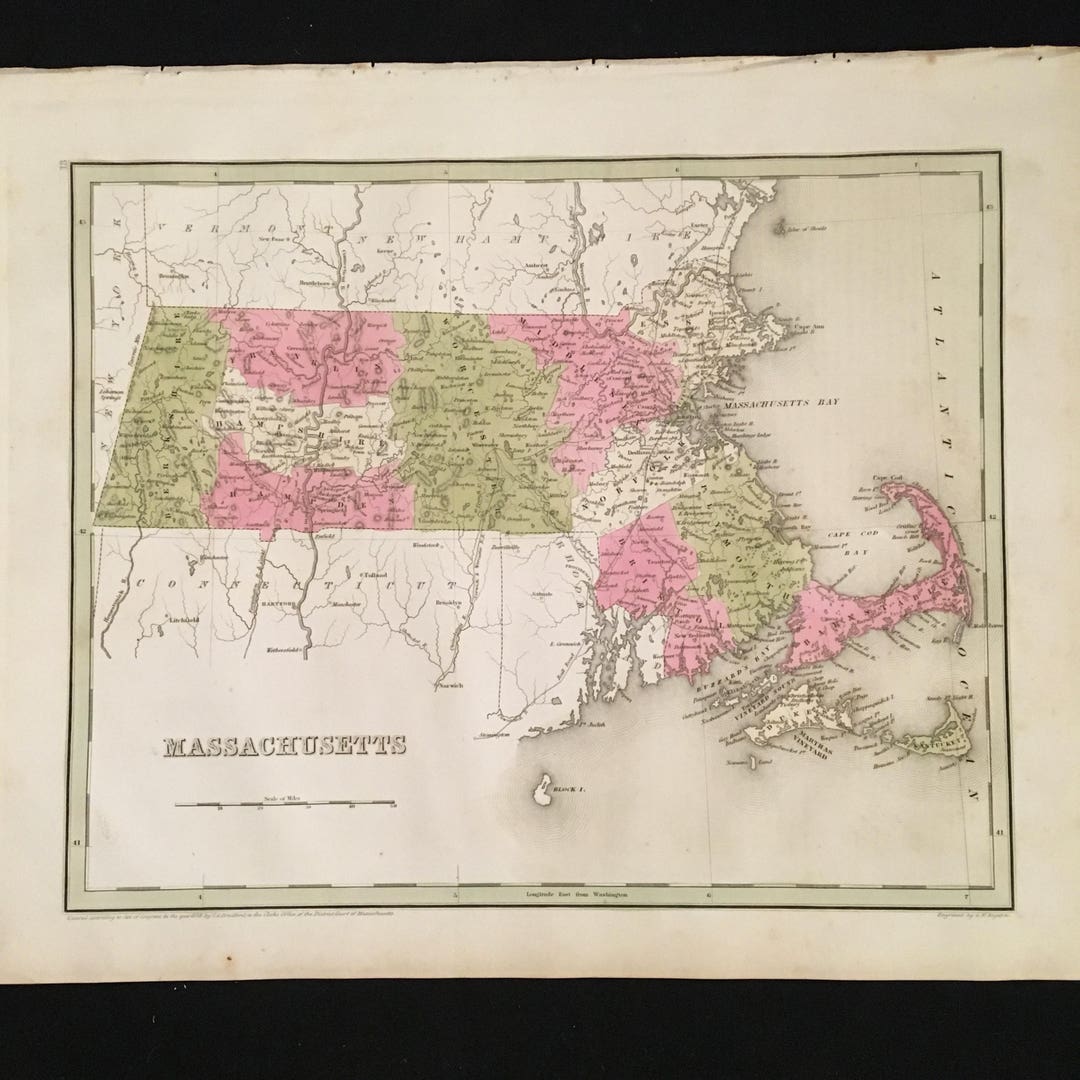 1842 Map of Massachusetts Original Antique Map Rare Hand - Etsy