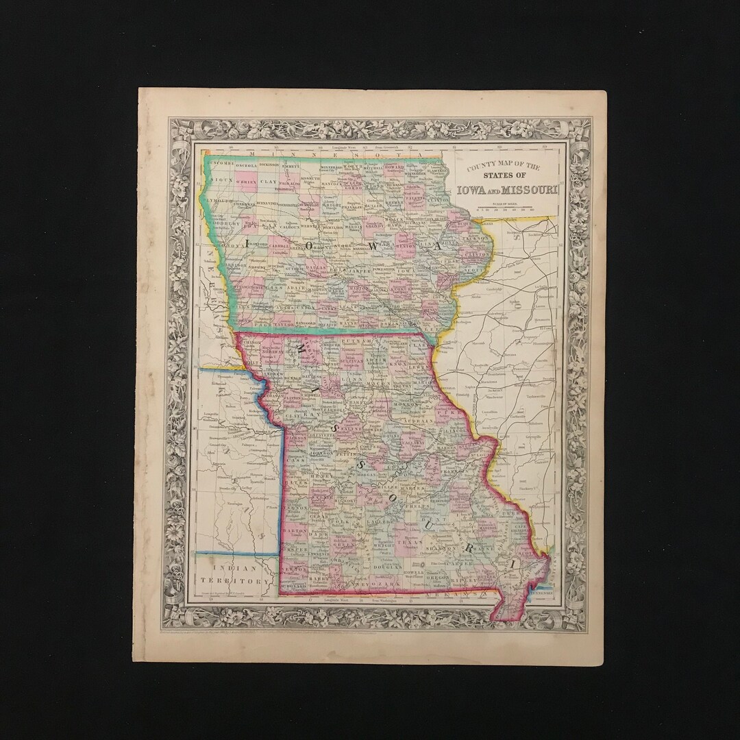 1860 Antique Map of Iowa and Missouri Original Hand Colored - Etsy