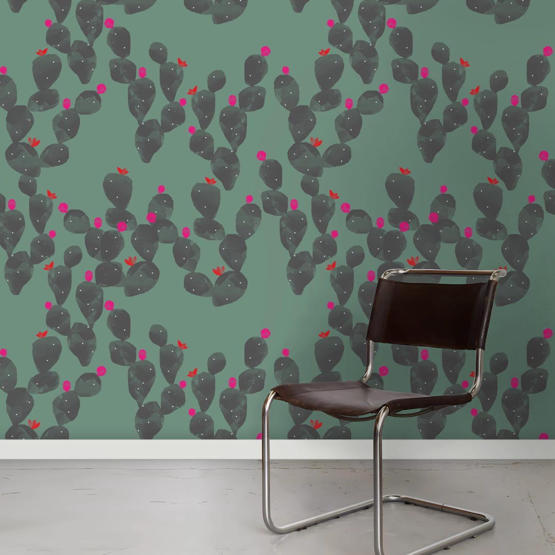 Green Watercolor Cactus Nopal Wallpaper, Wall Covering, Cactus Art ...