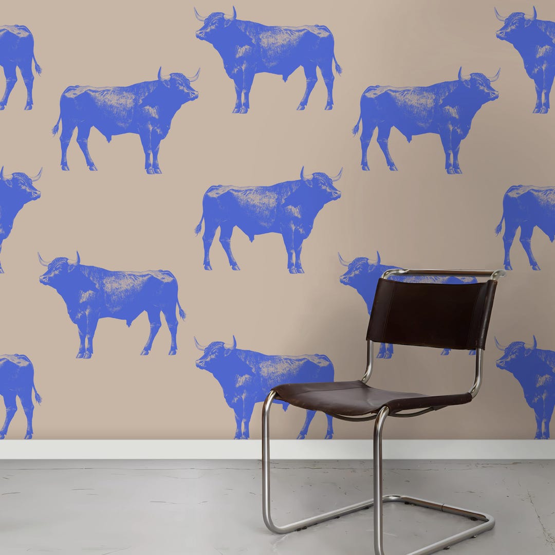 Torea Blue Bull Removable Wallpaper, Western Wallpaper Decor, Bull ...