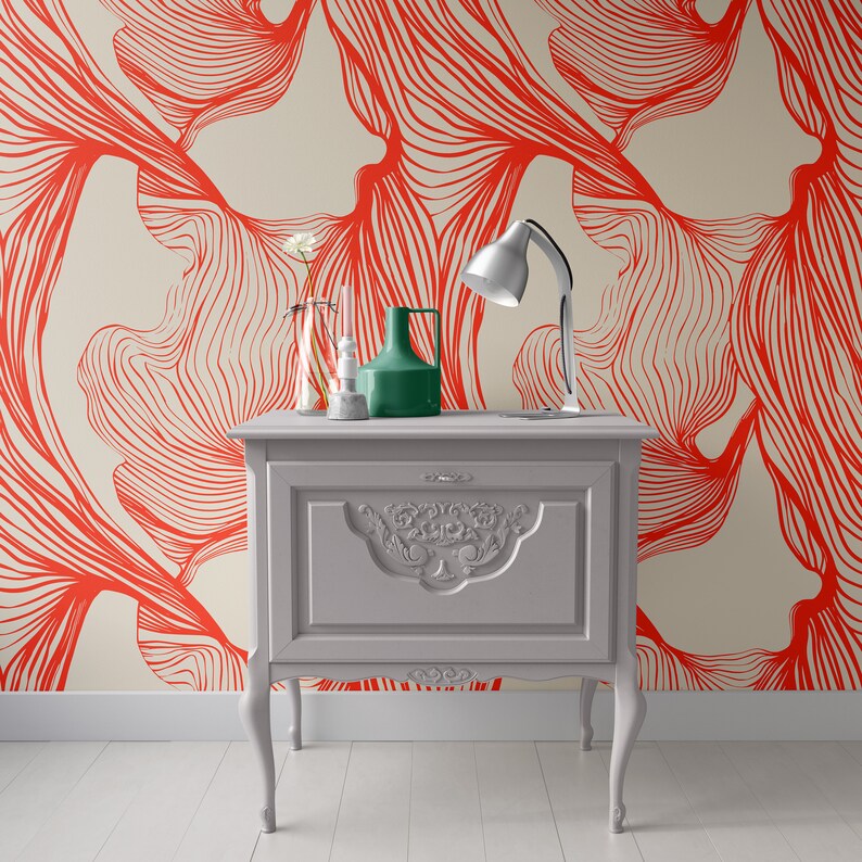 Red Line Waves Wallpaper, Red Wallpaper, Wall Covering, Art, Removable ...
