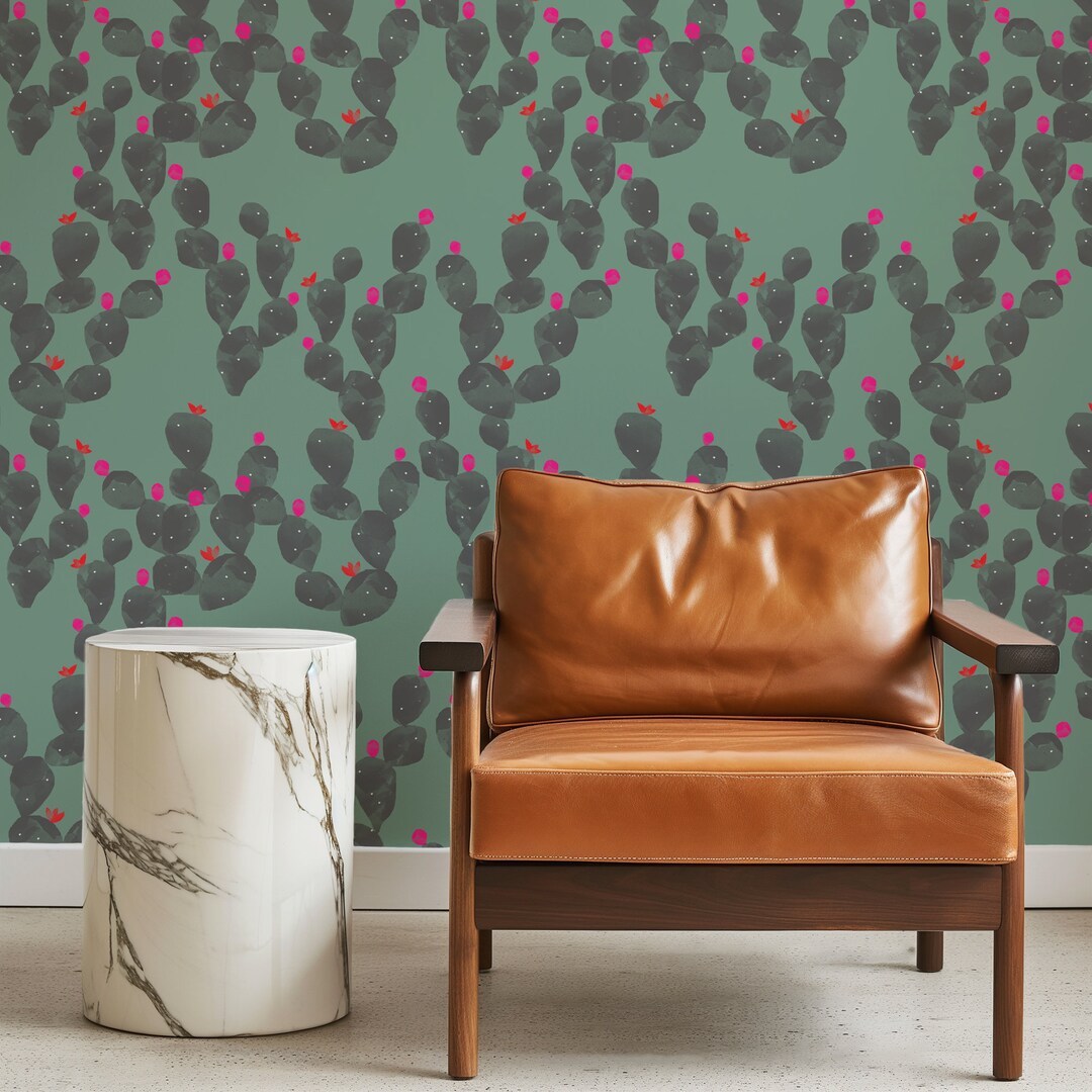Green Watercolor Cactus Nopal Wallpaper, Wall Covering, Cactus Art ...