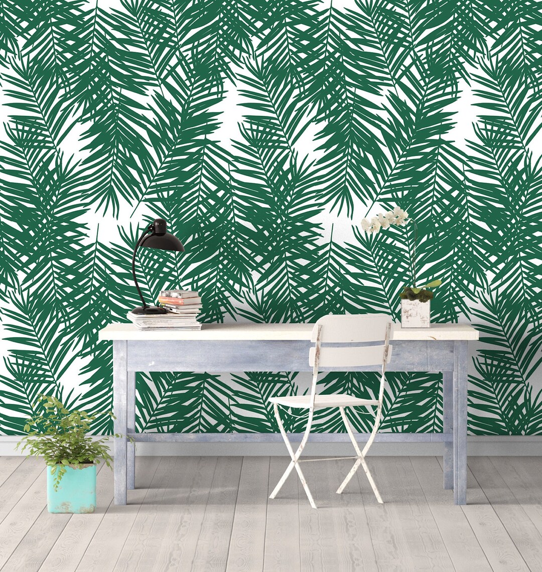 Green Palm Leaves Wallpaper, Removable Wall Covering Art Self-adhesive ...