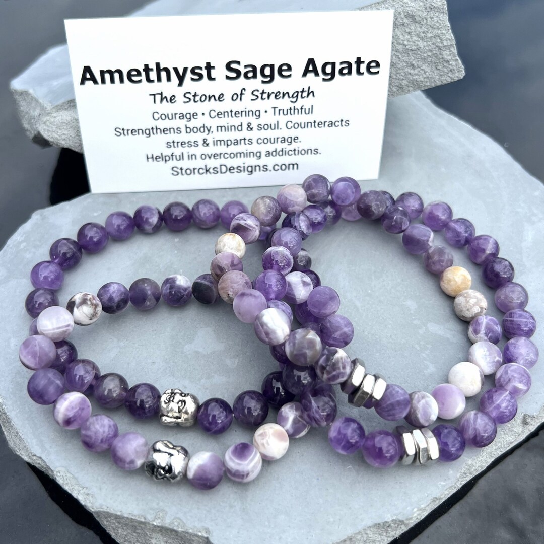 Amethyst Sage Agate Bracelet: Purple Gemstone Beads • Unisex Energy ...