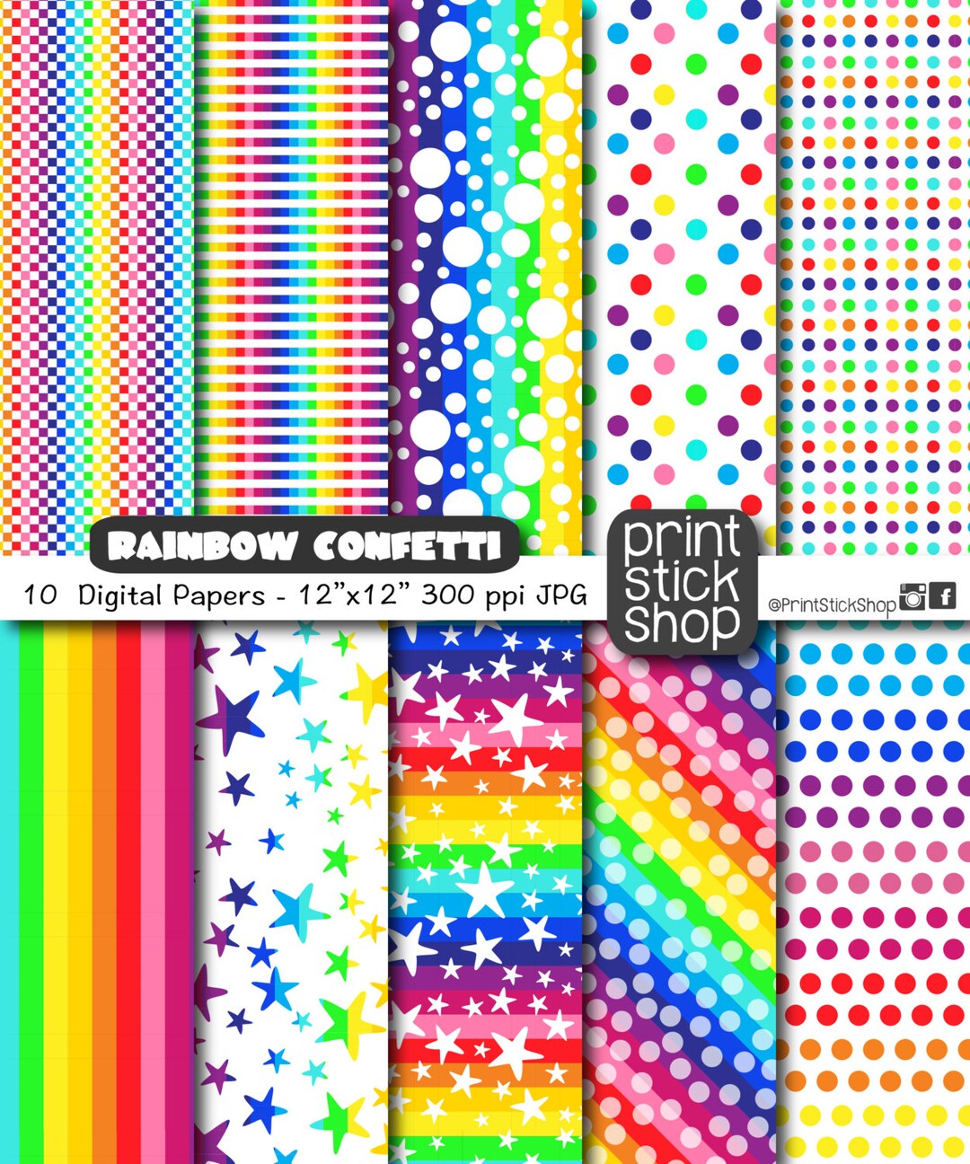 10 Rainbow Confetti Digital Papers - PRINTABLE Backgrounds - Perfect ...