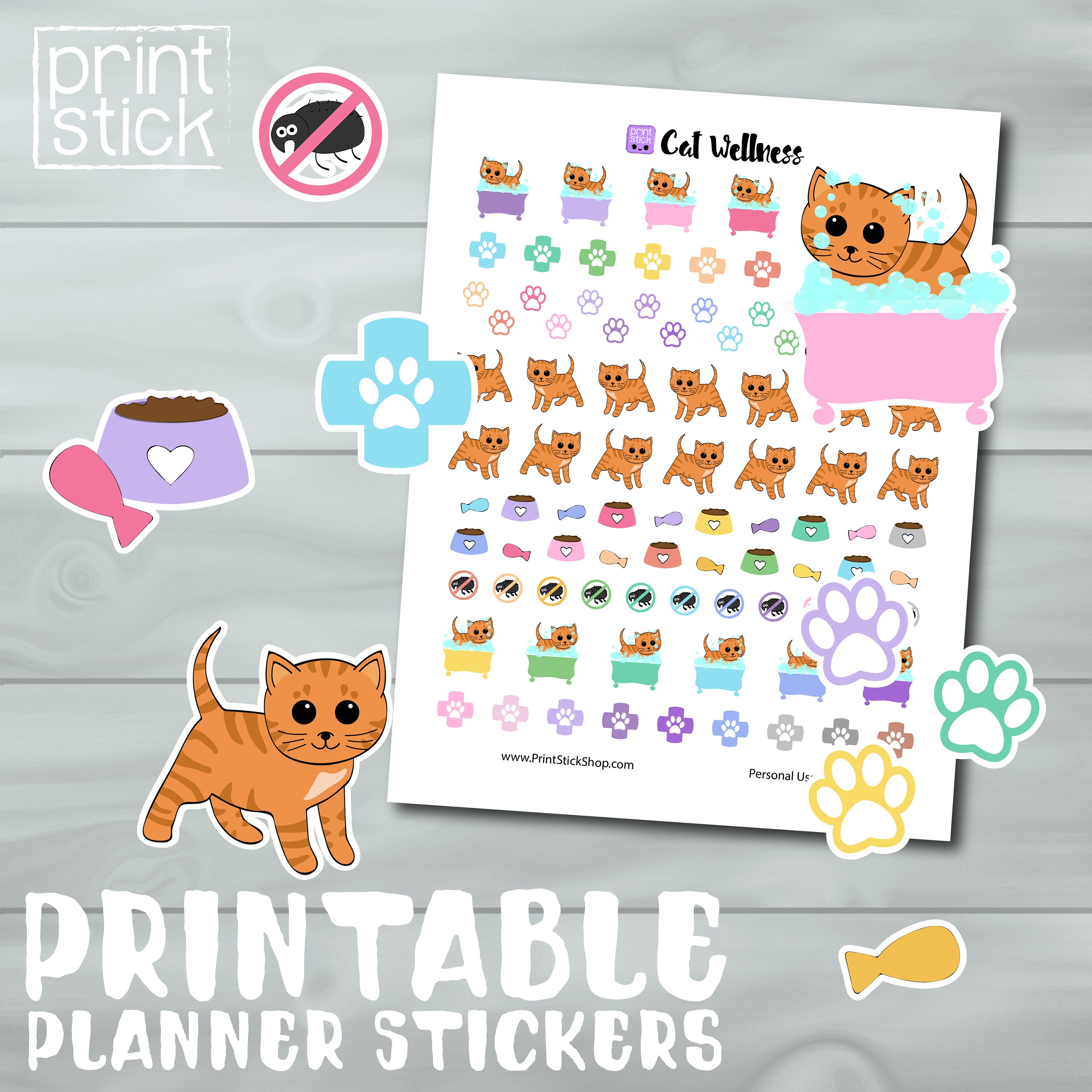 Watercolor Cat Sticker Striped Feline Laptop Sticker Kitty Sticker Pack ...
