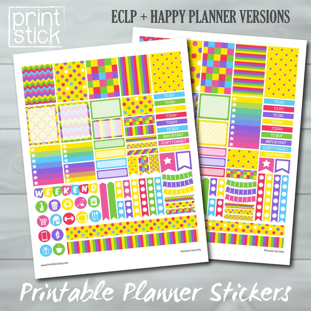 Colorful Planner Stickers - PRINTABLE JPG Sheet - 2 Versions: Happy ...