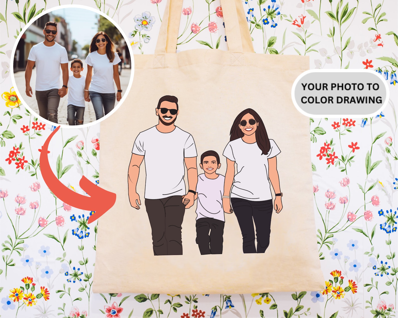 Custom Photo Tote Bag Family Portrait Tote Line Art Photo Tote Photo ...