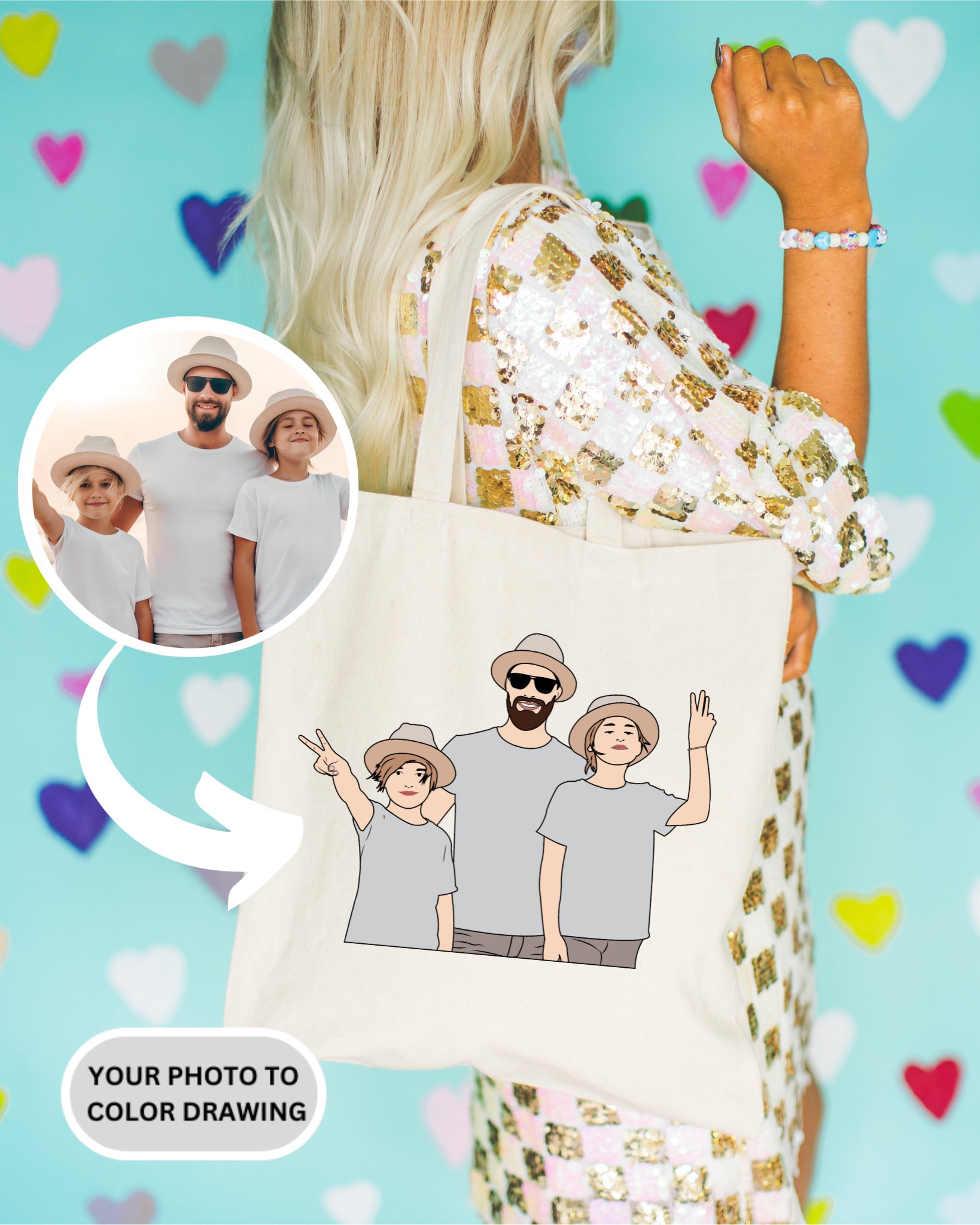 Custom Photo Tote Bag | Family Portrait Tote | Line Art Photo Tote ...