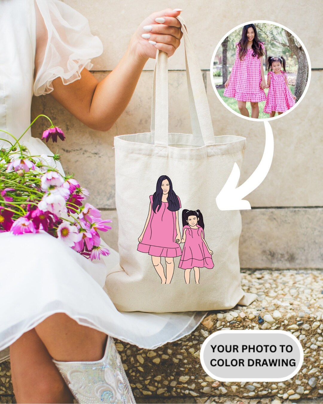 Custom Photo Tote Bag | Family Portrait Tote | Line Art Photo Tote ...
